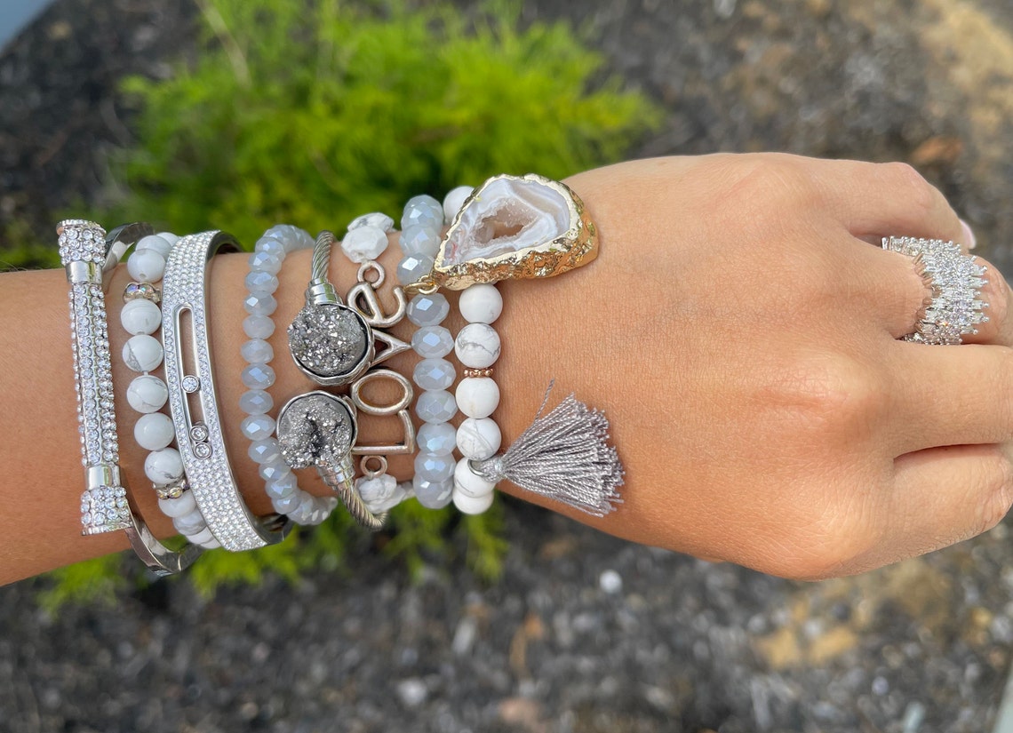 Womens beaded bracelet set marble bracelet set pink zebra | Etsy