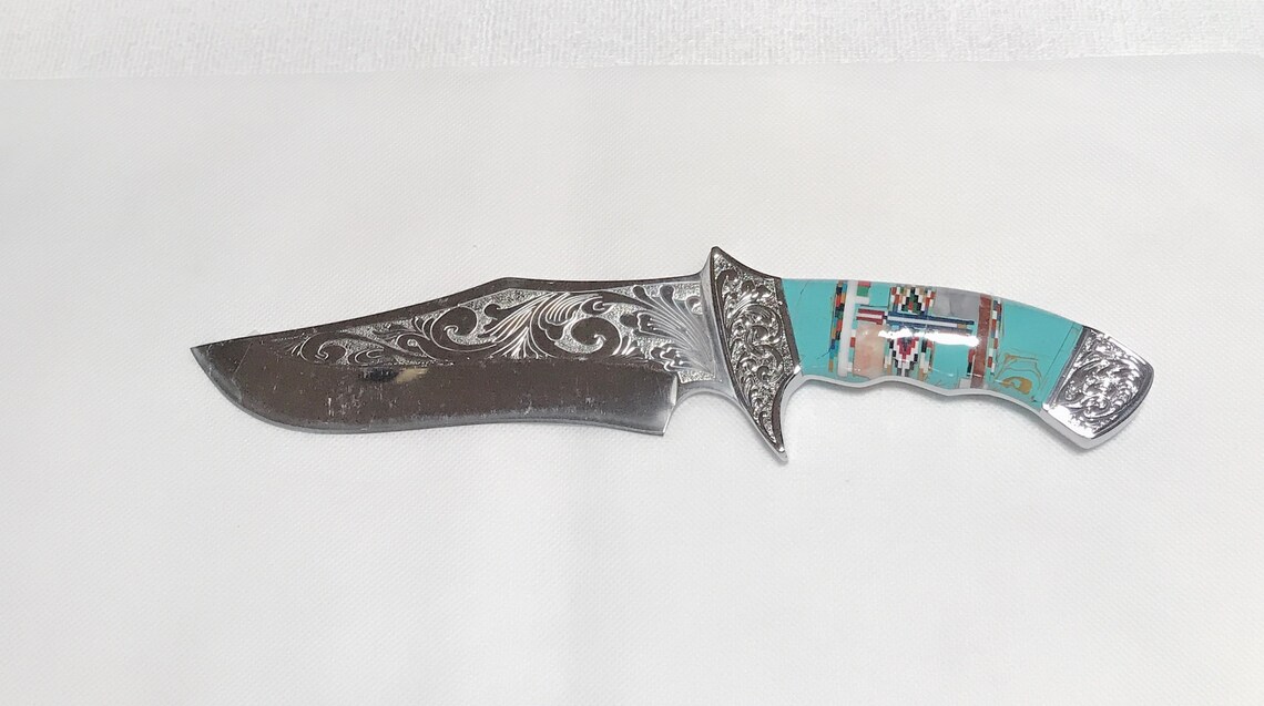 Southwestern Inlay Knife with Leather Sheath Turquoise Inlay | Etsy