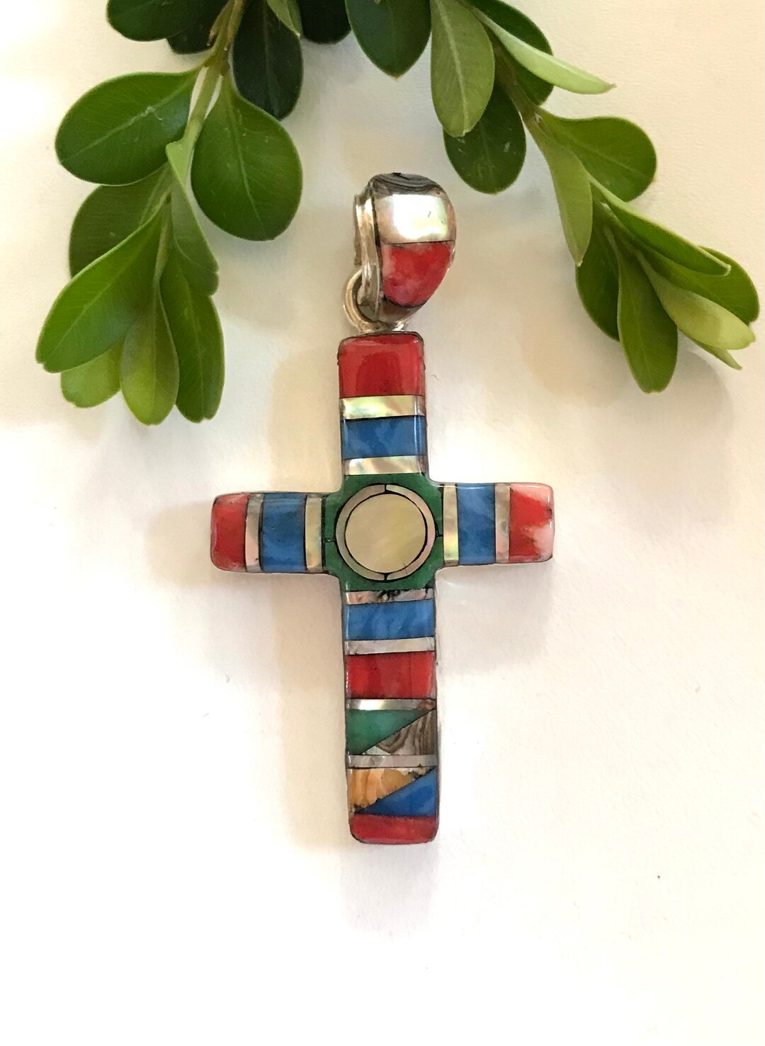 Turquoise Inlay Cross Pendant Inlay Multicolor Sterling Silver Green ...