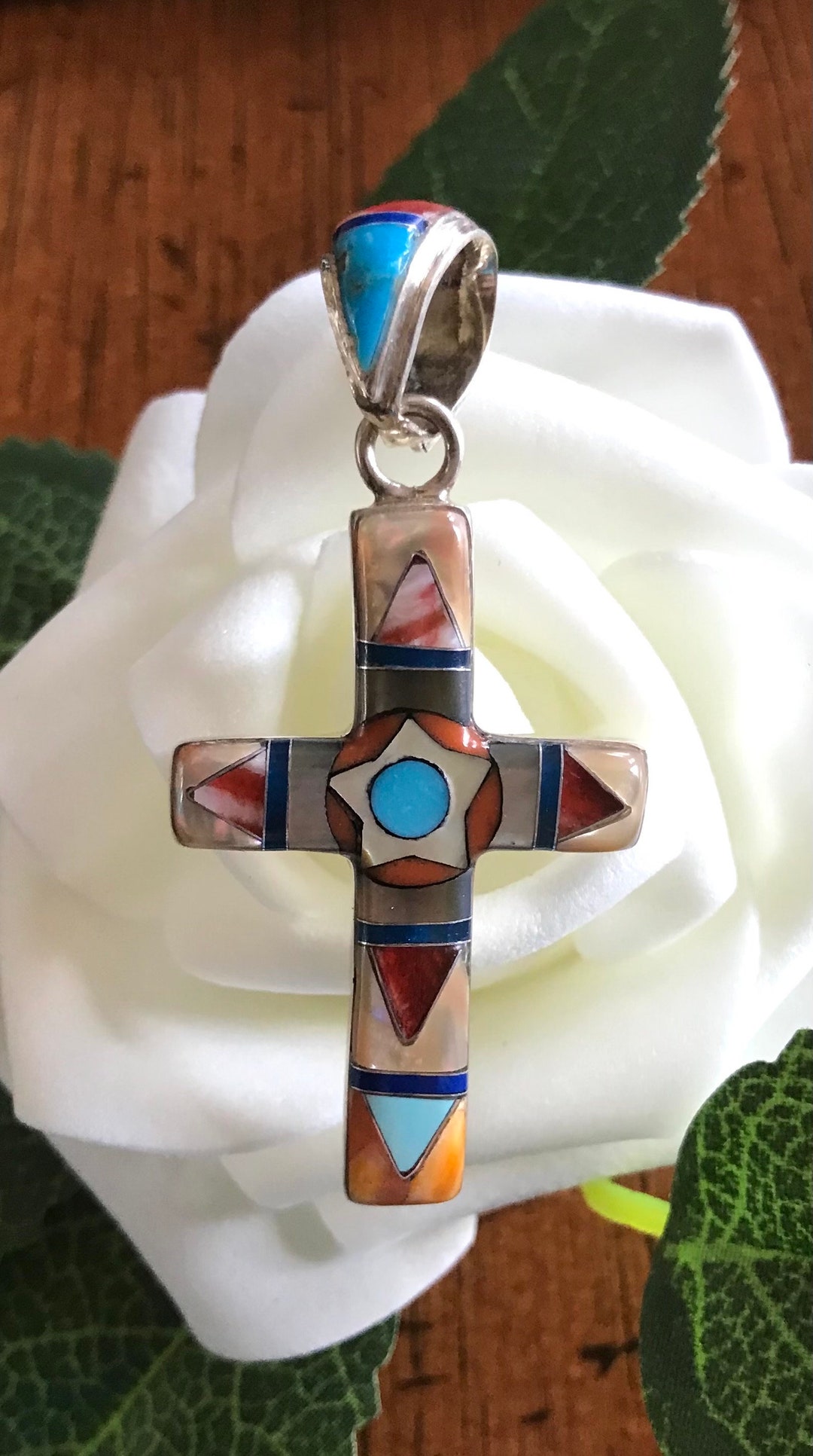 Inlay Cross Pendant - Inlay Multicolor Sterling Silver With MOP, Coral ...