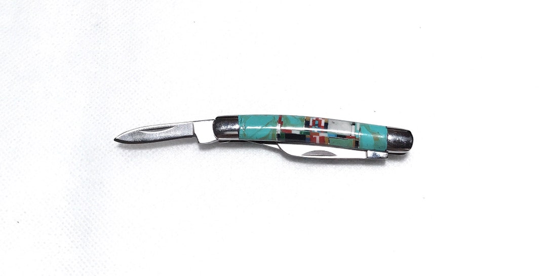 Small Three Blades Knife - Turquoise Inlay Pocket Knife - Multicolor ...