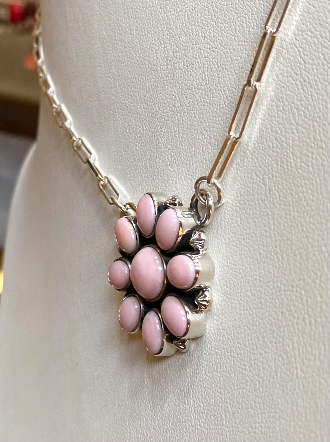Pink Conch Shell Bar Necklace - Sterling Silver Pink Stones Necklace ...