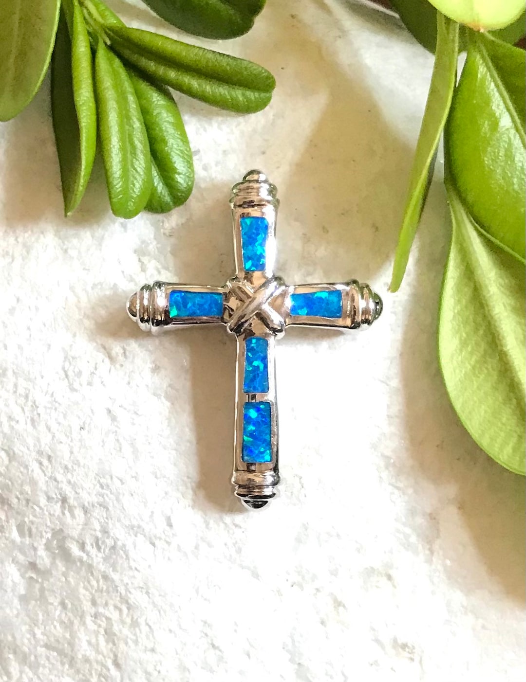 Blue Opal Cross Pendant - Dark Opal Cross Pendant for Necklace - Blue ...