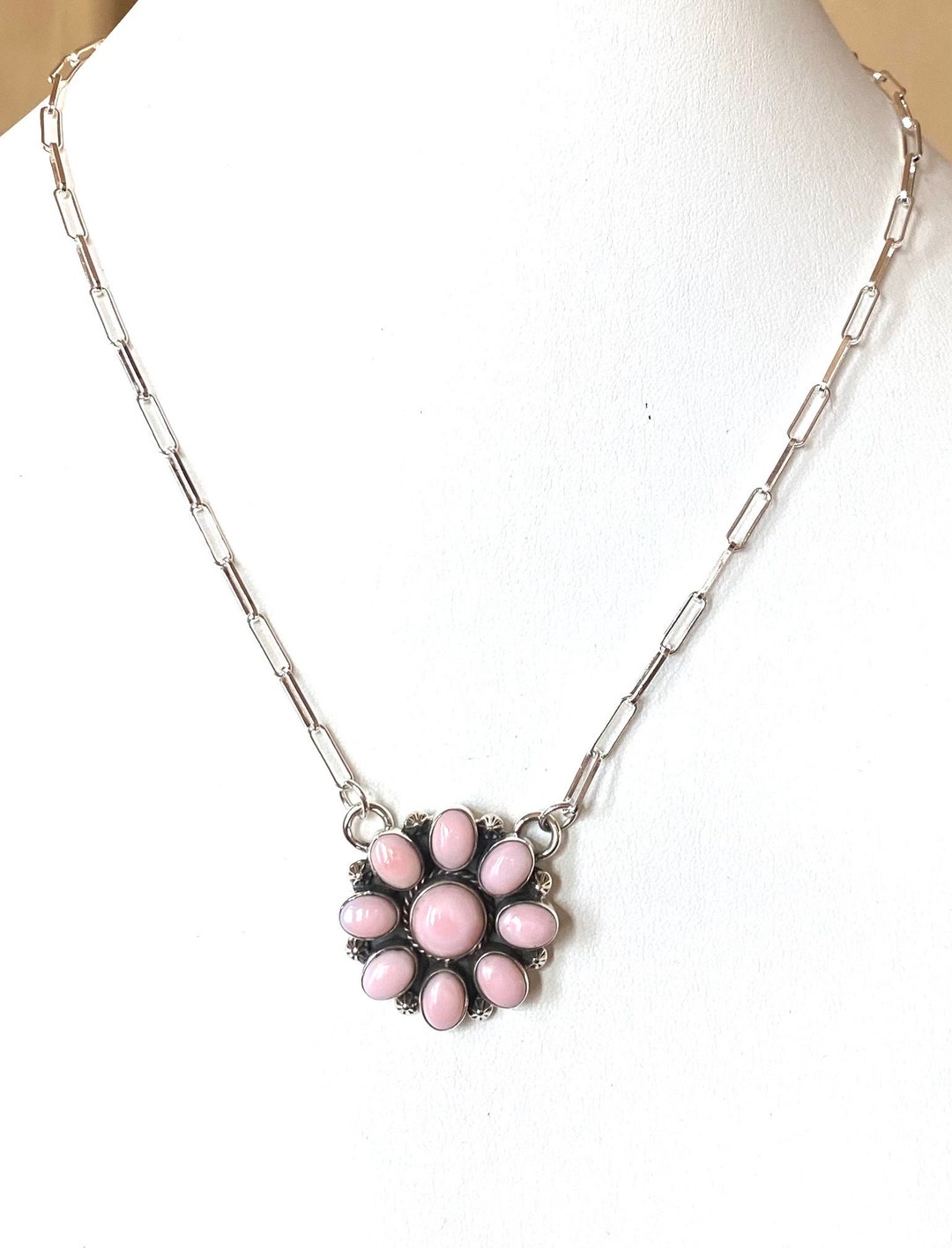 Pink Conch Shell Bar Necklace - Sterling Silver Pink Stones Necklace ...