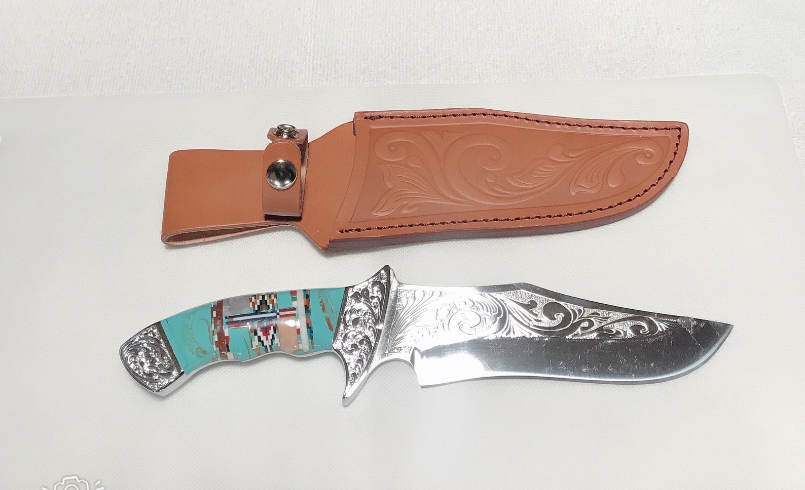 Southwestern Inlay Knife with Leather Sheath Turquoise Inlay | Etsy