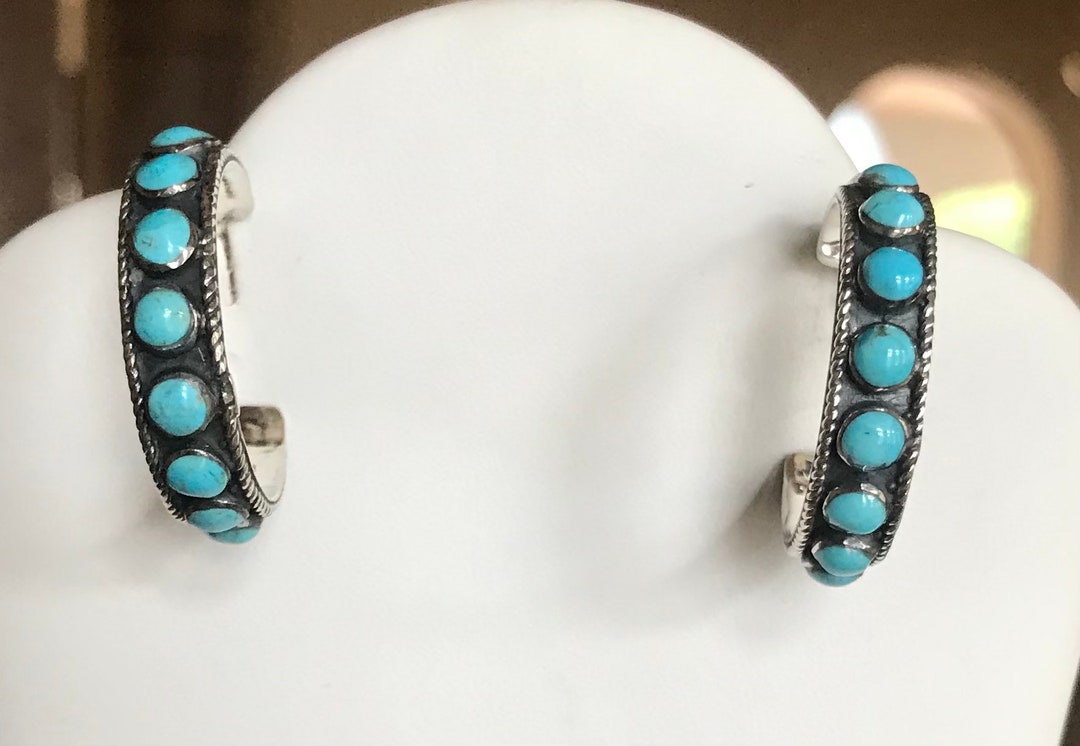 4mm Turquoise Set in Sterling Silver Earrings Turquoise Hoop Earrings ...