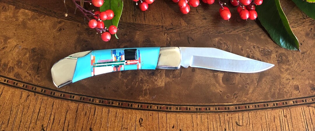 Southwestern Inlay Knife - Turquoise Inlay With Multi Stones Knife ...