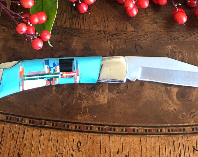 Southwestern Inlay Knife - Turquoise Inlay With Multi Stones Knife ...