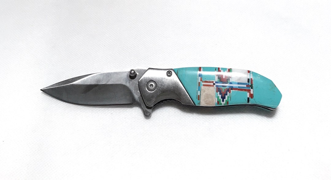 Southwestern Inlay Knife - Turquoise Inlay With Multi Stones Knife ...