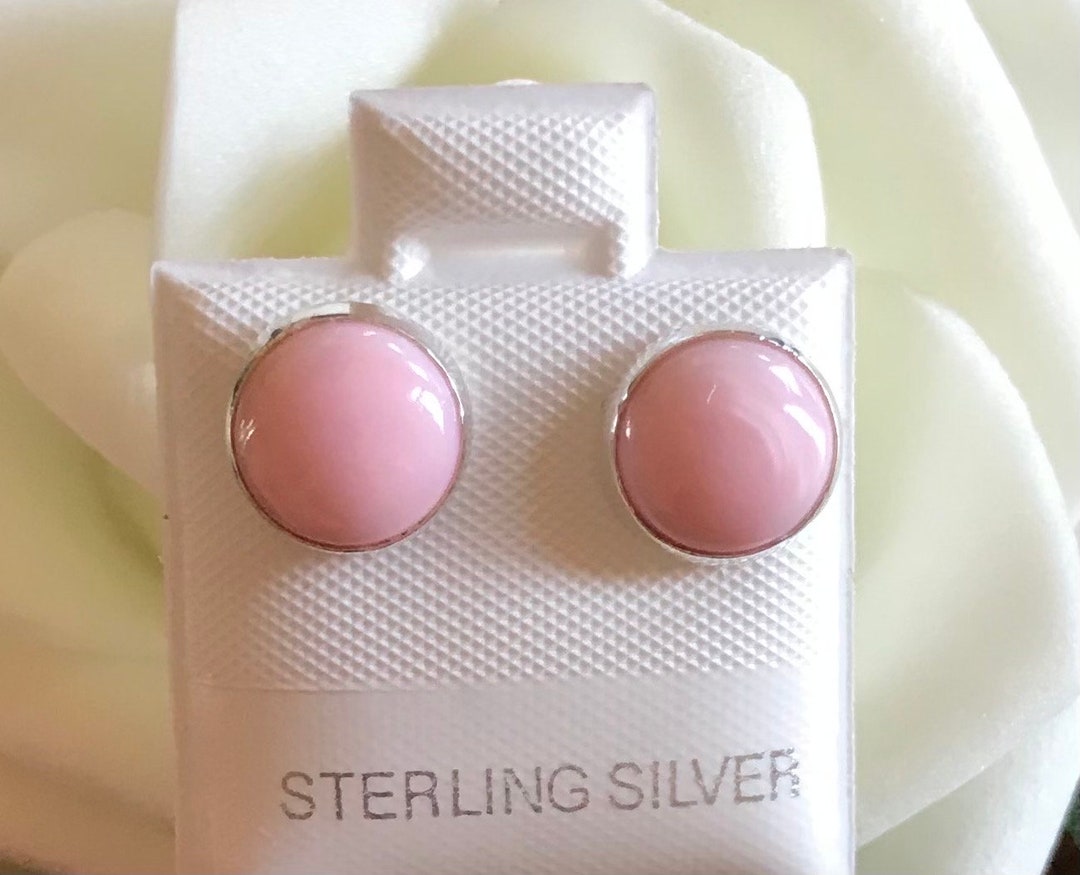8mm Pink Conch Shell Stud Earrings - Round Pink Stud Sterling Silver Post Earrings - Natural ...