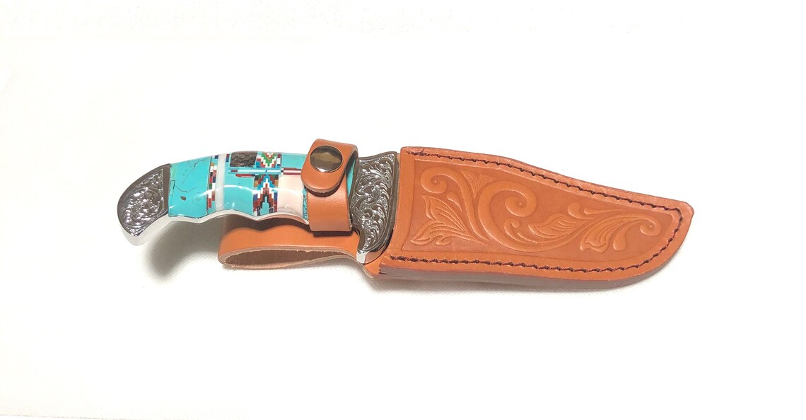 Southwestern Inlay Knife with Leather Sheath Turquoise Inlay | Etsy