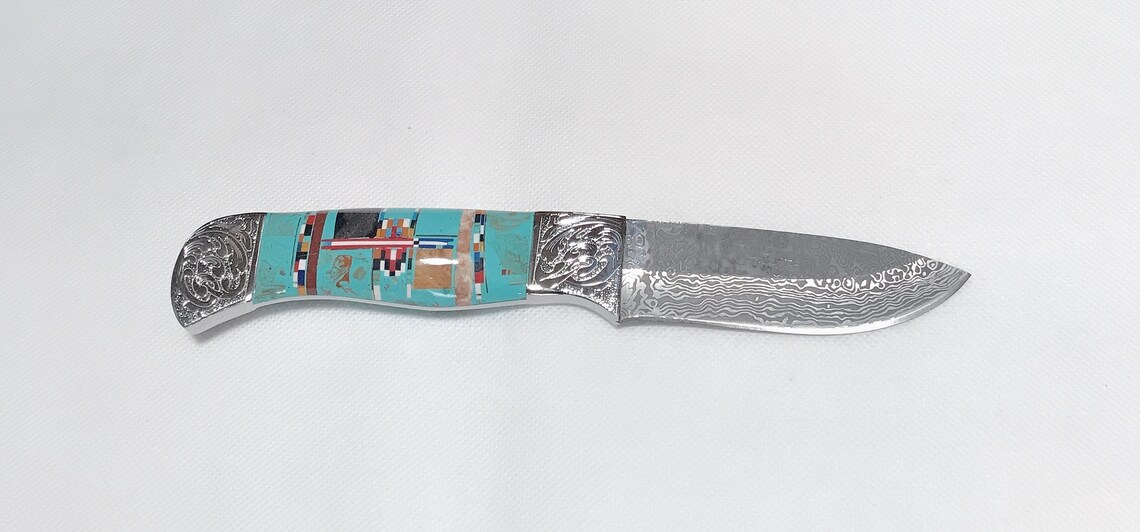 Laser Engrave Knife with Leather Sheath Turquoise Inlay with | Etsy