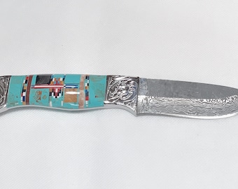 Southwestern Inlay Knife With Leather Sheath - Turquoise Inlay With ...