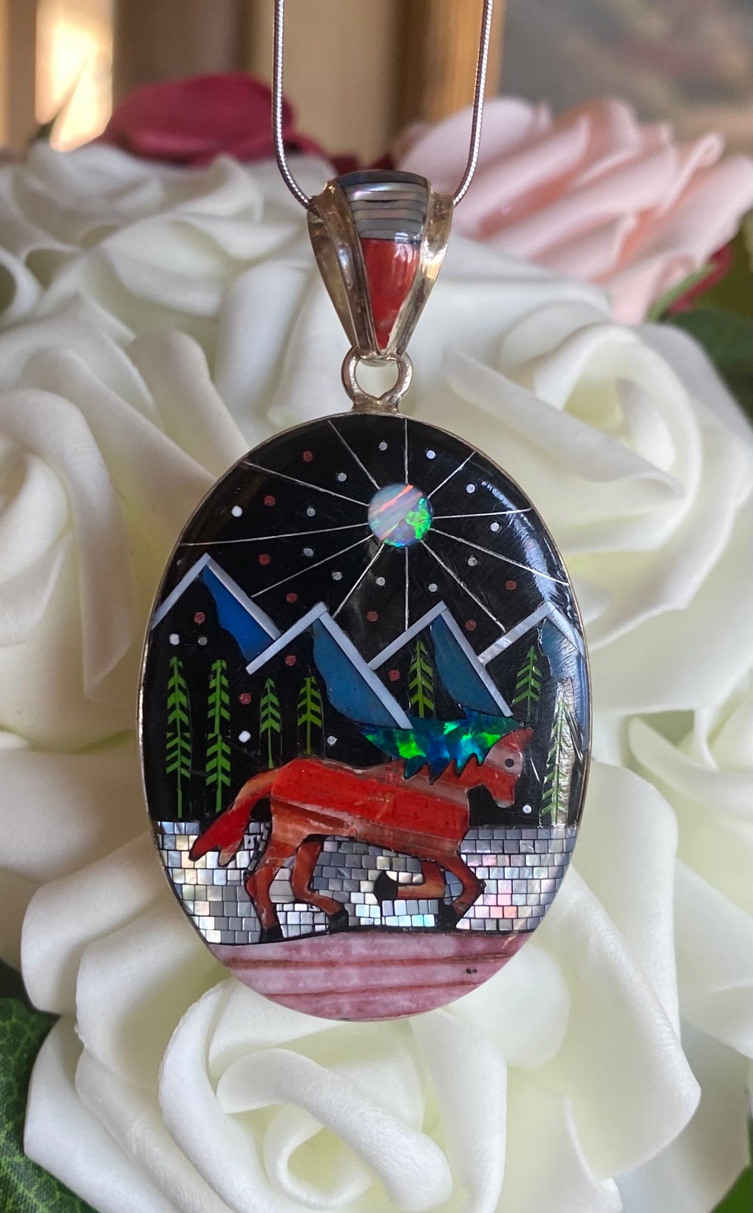 Galaxy Night Sky Pendant With a Horse, Mountains and Trees - Double ...