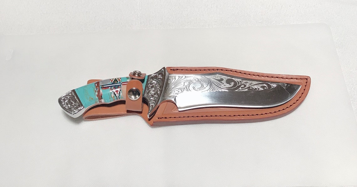 Southwestern Inlay Knife with Leather Sheath Turquoise Inlay | Etsy