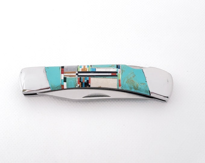 Southwestern Inlay Knife - Turquoise Inlay With Multi Stones Knife ...
