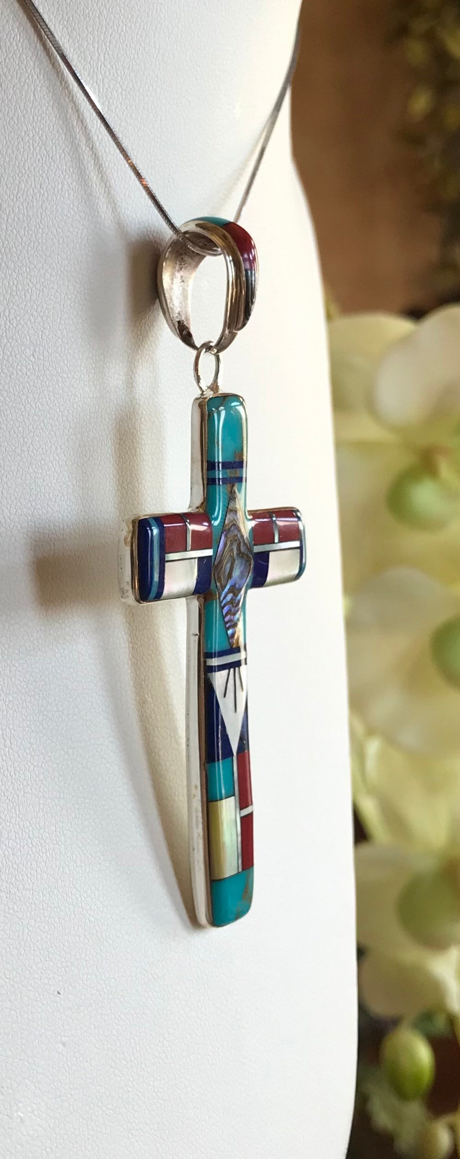 Turquoise Inlay Cross Pendant - Multicolor Cross Pendant Sterling ...
