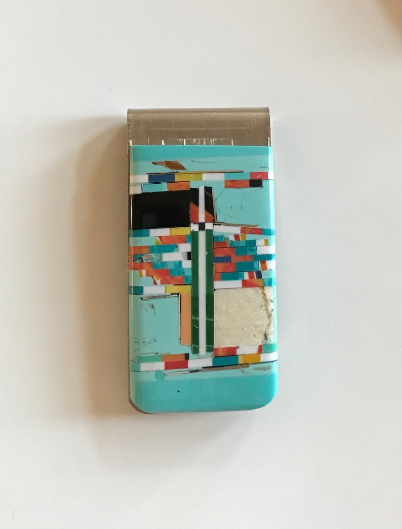 Turquoise Inlay Money Clip - Multicolor Inlay Stones - Stainless Steel ...