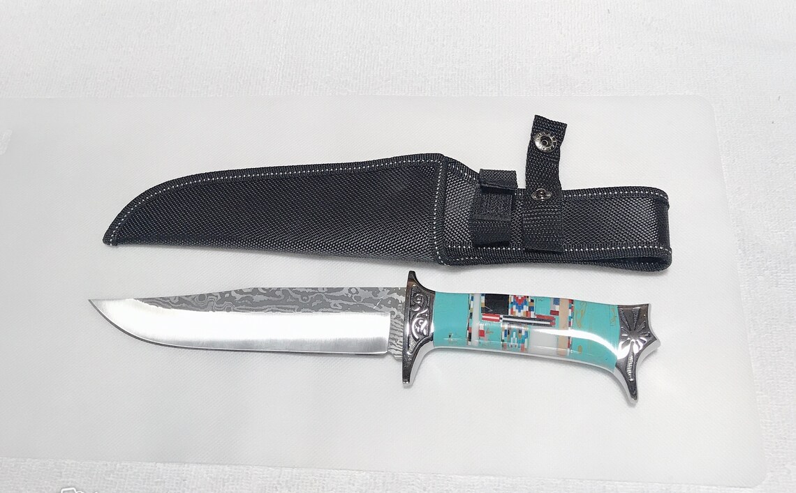 Inlay Turquoise Pocket Knife With Black Sheath - Multicolor Inlay Stone ...