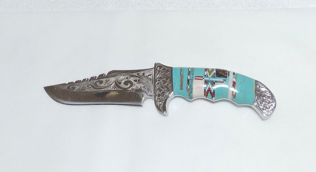 Southwestern Inlay Knife With Leather Sheath - Turquoise Inlay With ...