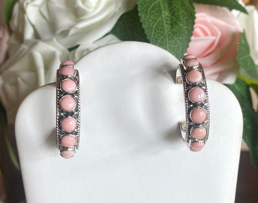 Pink Conch Shell Earrings 5mm Pink Stone Sterling Silver Hoop Earrings ...