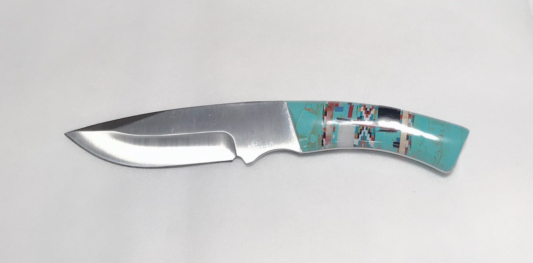 Inlay Turquoise Pocket Knife With Black Sheath - Multicolor Inlay Stone ...