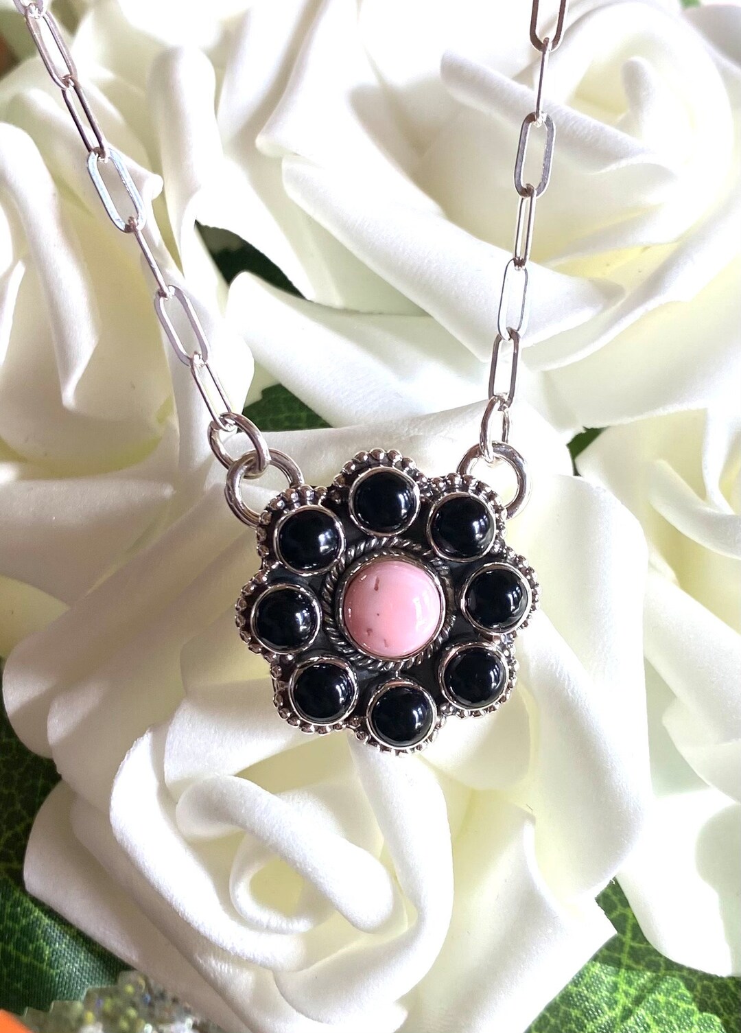 Pink Conch Shell & Black Onyx Flower Bar Necklace - Sterling Silver ...