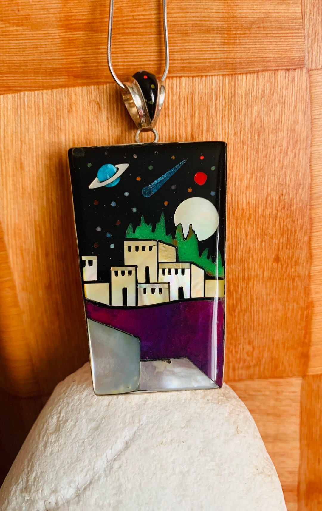 Planet Earth House Moon Galaxy Night Sky Pendant - Multi Gemstone Micro ...