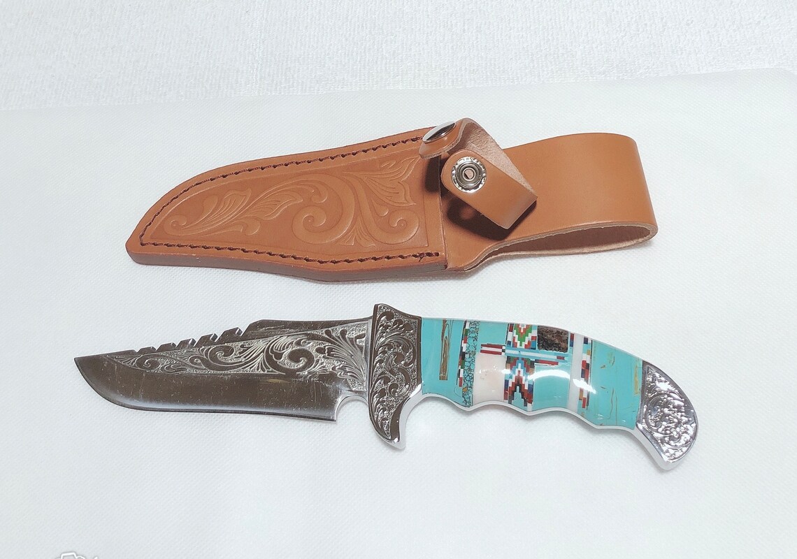 Southwestern Inlay Knife With Leather Sheath - Turquoise Inlay With ...