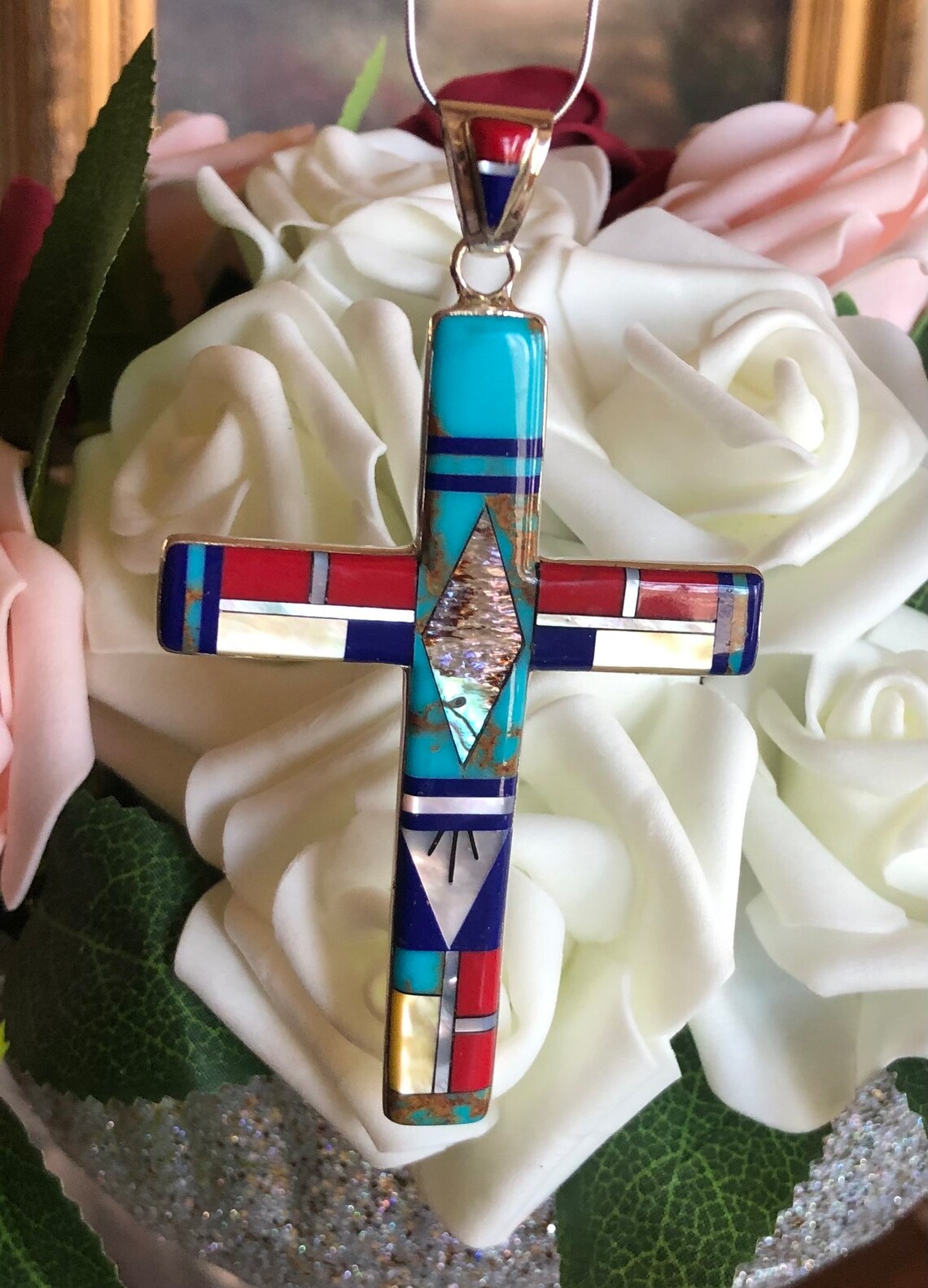 Turquoise Inlay Cross Pendant - Multicolor Cross Pendant Sterling ...