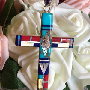 Turquoise Inlay Cross Pendant - Multicolor Cross Pendant Sterling ...