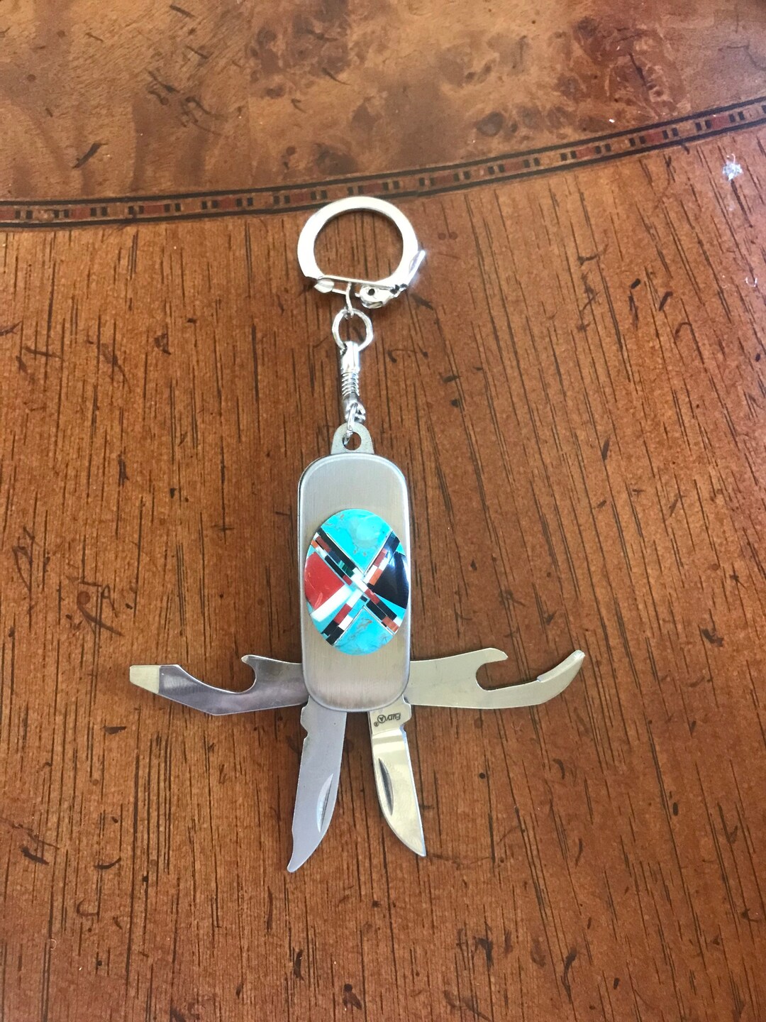 Turquoise Inlay Double Side With Multi Stones Pocket Keychain - Key ...