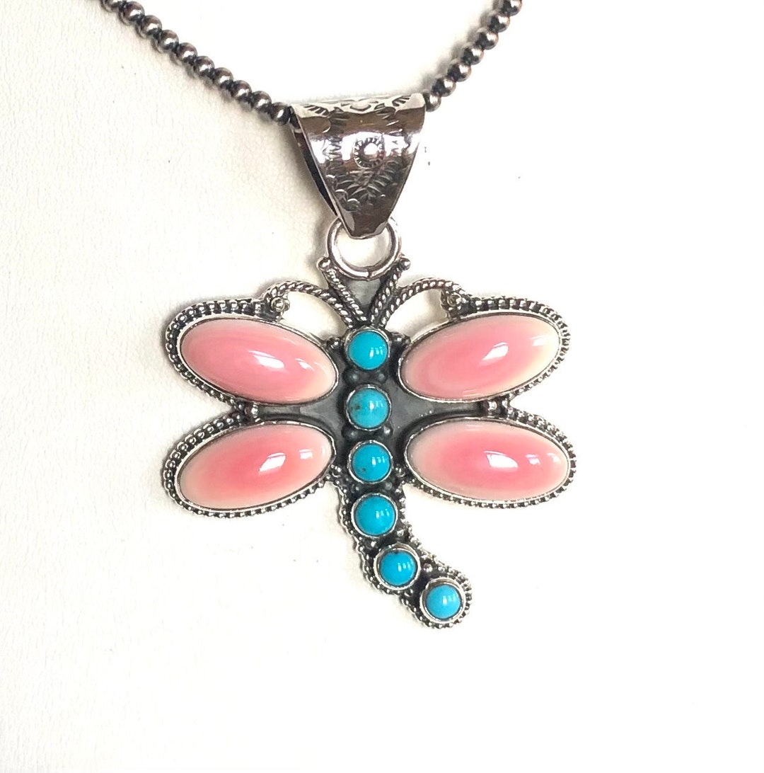 Natural Pink Conch Shell & Turquoise Set in Butterfly Pendant ...