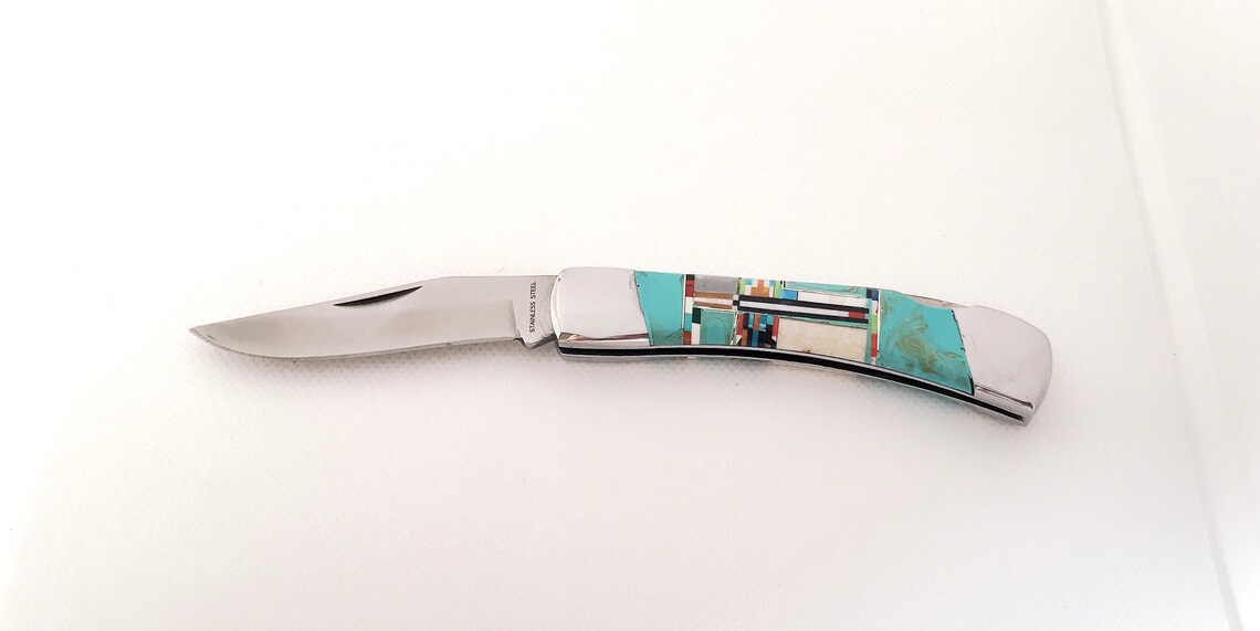 Southwestern Inlay Knife Turquoise Inlay with Multi Stones | Etsy
