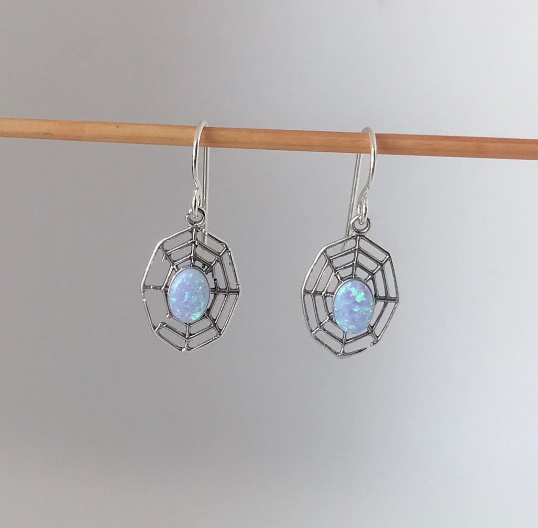 6x8 Blue Opal Sterling Silver Spider Web Earrings - Opal Dangle and ...