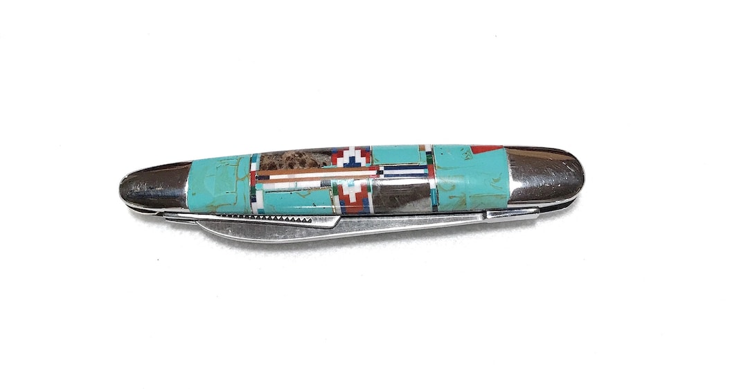 Three Bladed Turquoise Inlay Knife - Southwestern Inlay Pocket Knife ...