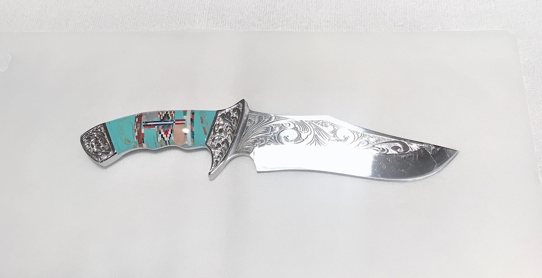 Southwestern Inlay Knife With Leather Sheath - Turquoise Inlay With ...