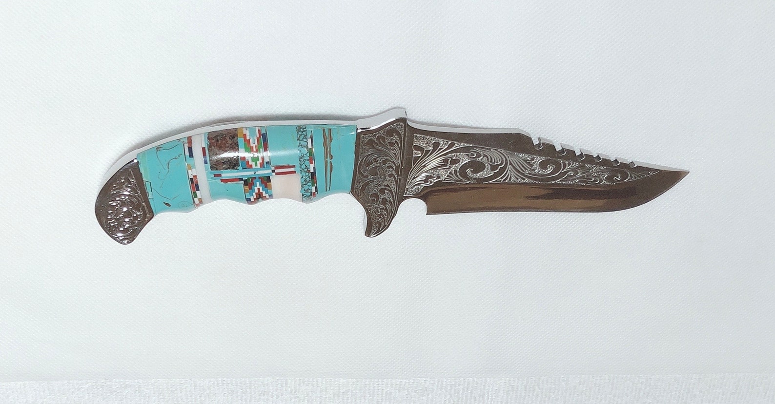 Southwestern Inlay Knife With Leather Sheath - Turquoise Inlay With ...