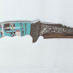Southwestern Inlay Knife With Leather Sheath - Turquoise Inlay With ...