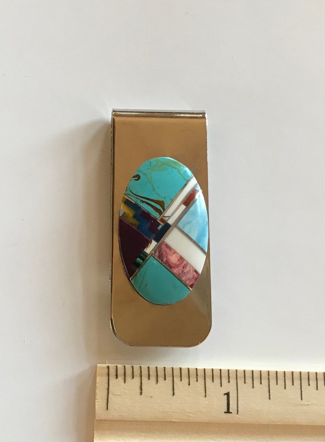 Turquoise Inlay Money Clip - Multicolor Inlay Stones - Stainless Steel ...