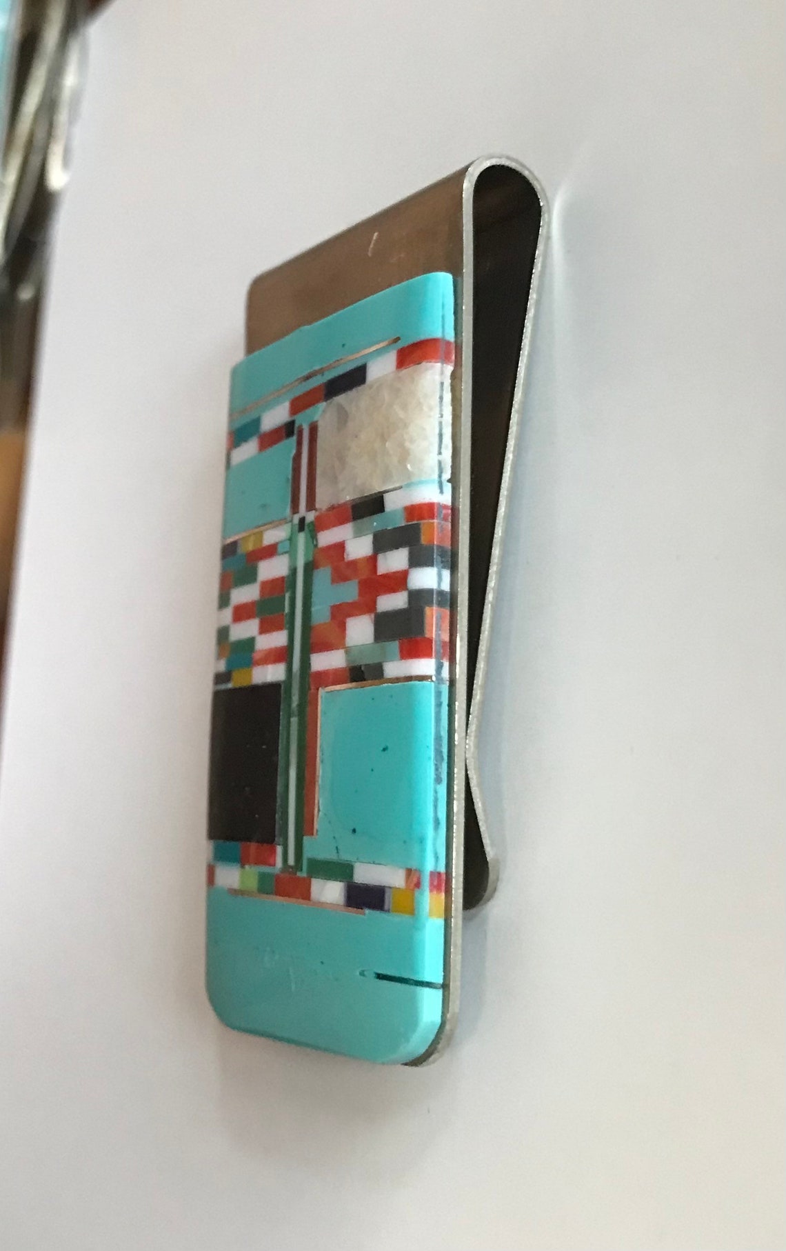 Turquoise Inlay Money Clip - Multicolor Inlay Stones - Stainless Steel ...