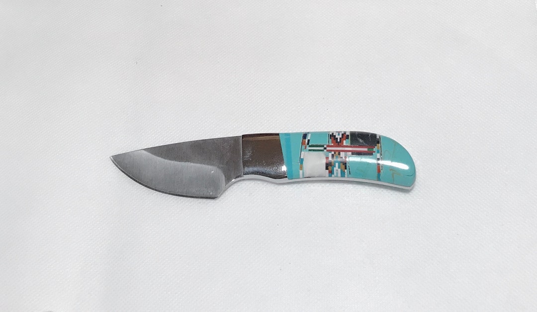 Inlay Turquoise Pocket Knife With Black Sheath - Multicolor Inlay Stone ...