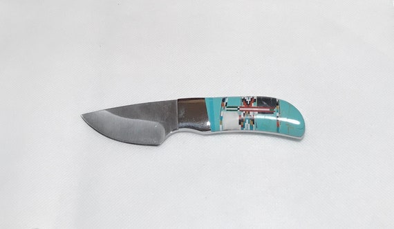 Inlay Turquoise Pocket Knife With Black Sheath Multicolor | Etsy