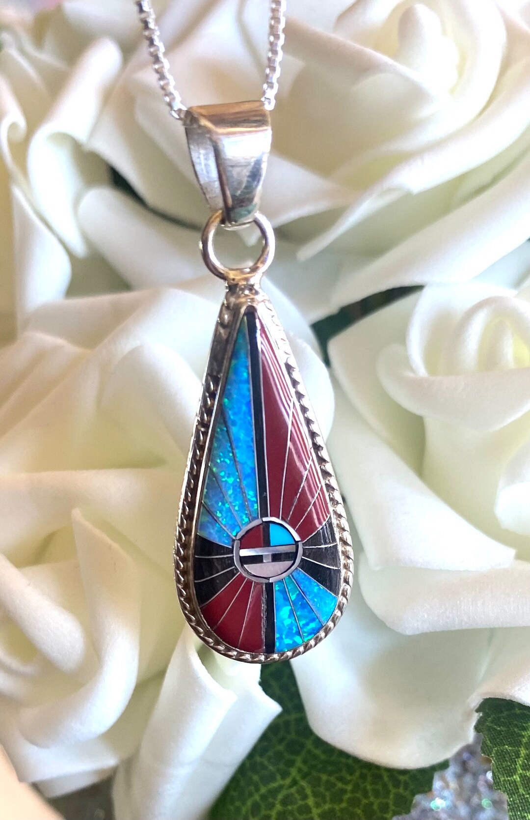 Inlay Multicolor Pendant - Tear Drop Pendant Sterling Silver ...