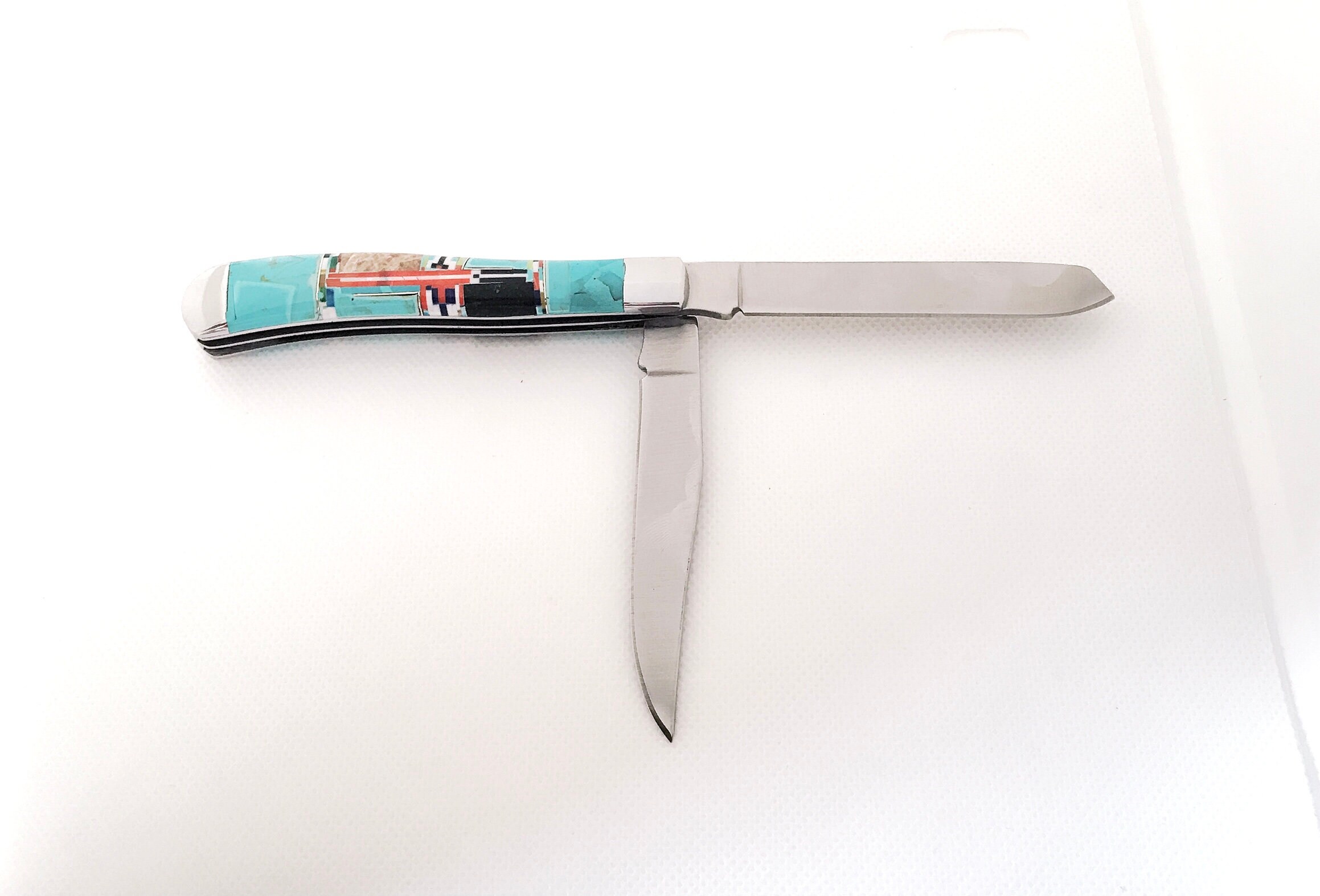 Double Bladed Knife - Turquoise Inlay Pocket Knife - Multicolor Inlay ...