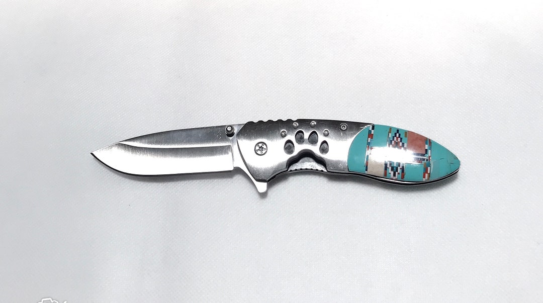 Turquoise Inlay Pocket Knife - Multicolor Inlay Stone - Stainless Steal ...