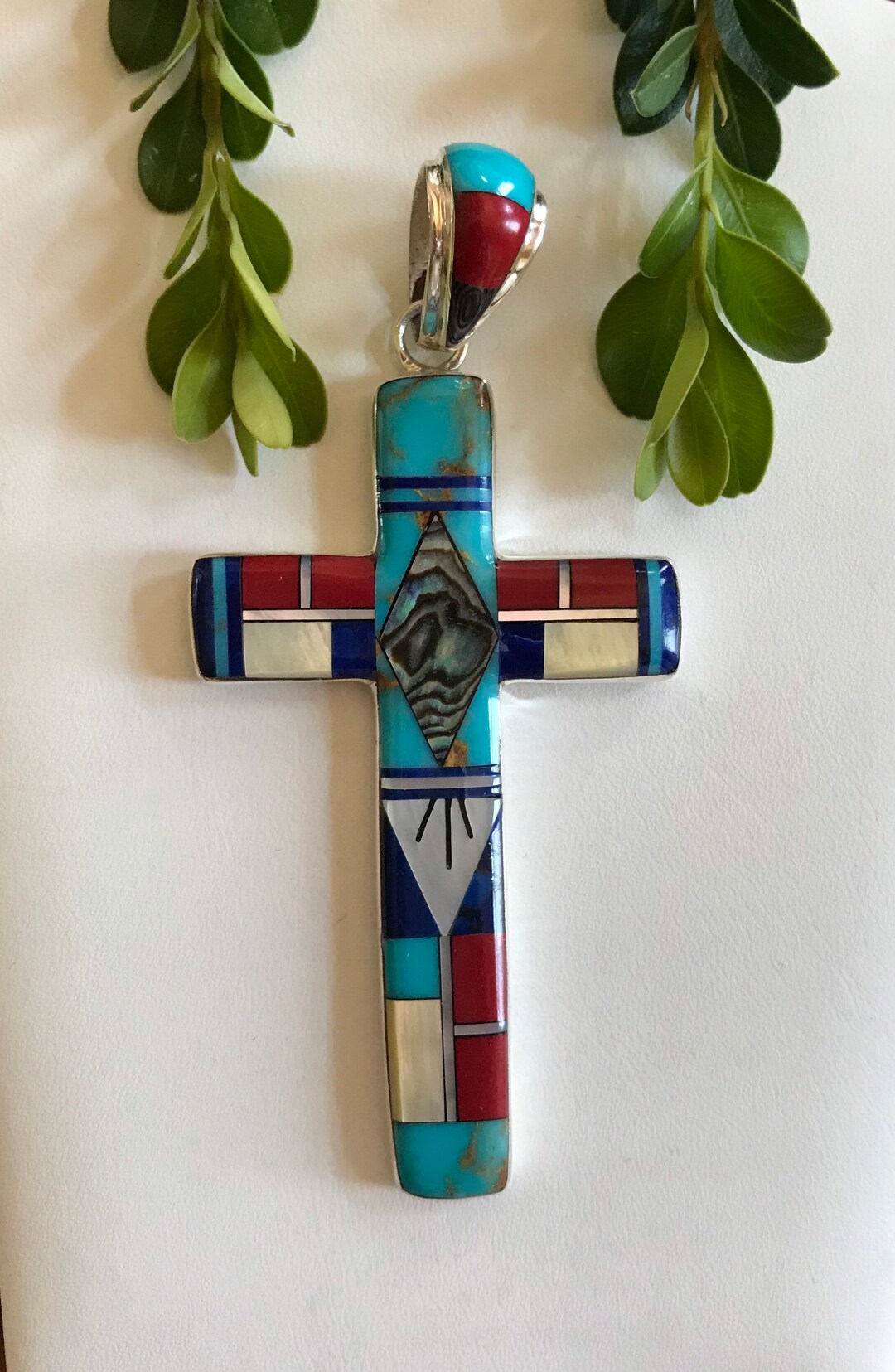 Turquoise Inlay Cross Pendant Multicolor Cross Pendant Sterling Silver ...