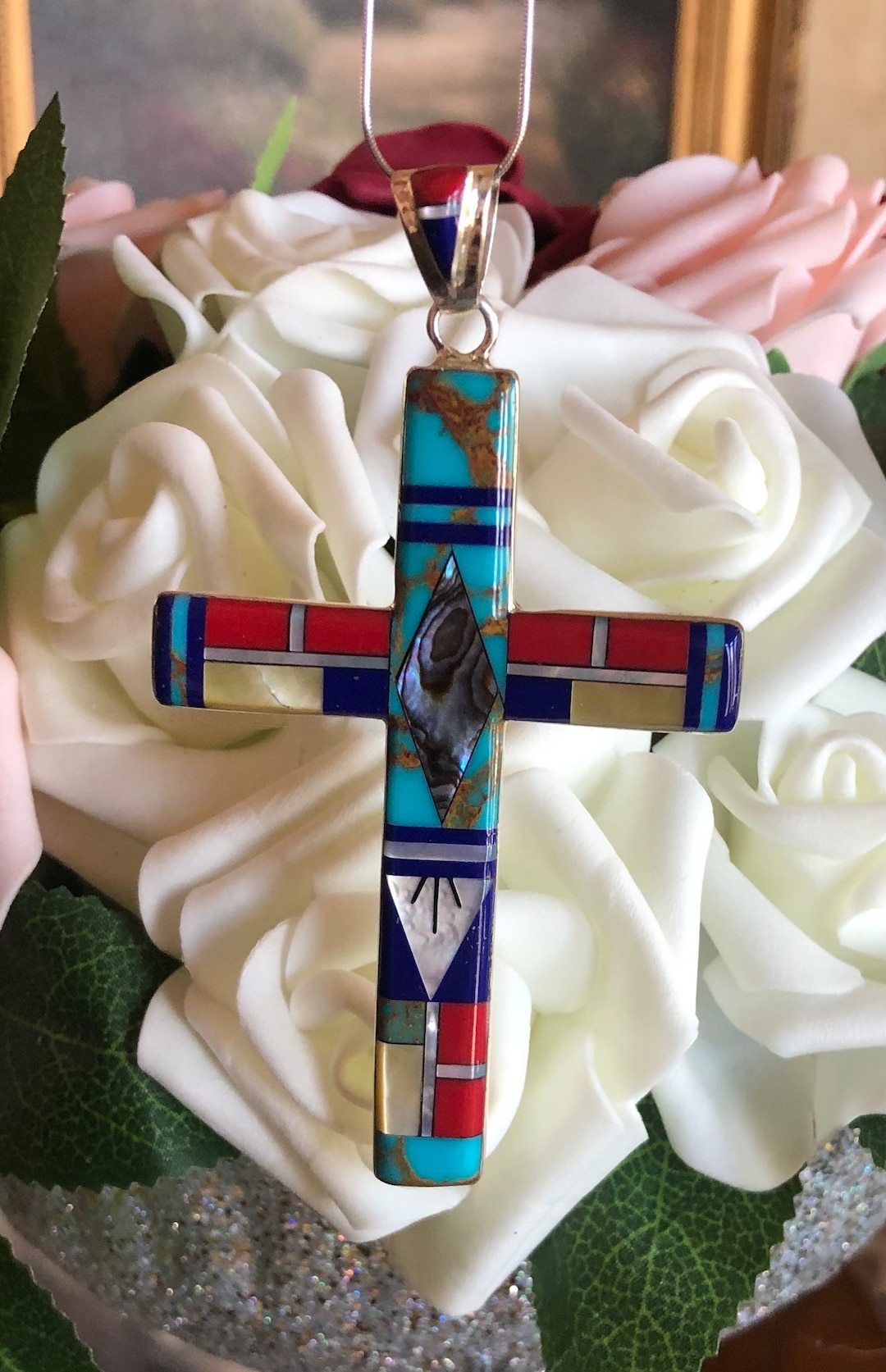 Turquoise Inlay Cross Pendant - Multicolor Cross Pendant Sterling ...