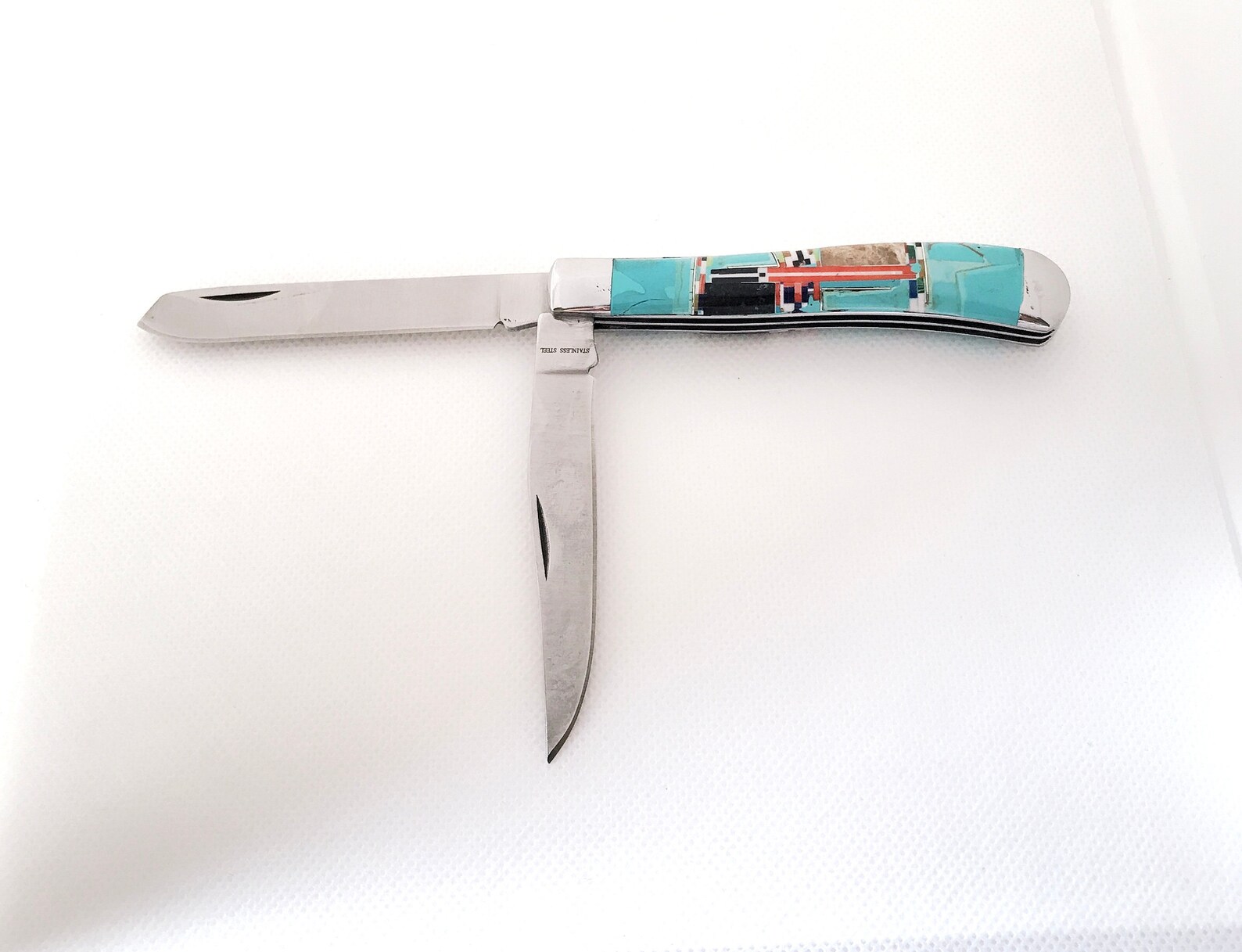 Double Bladed Knife - Turquoise Inlay Pocket Knife - Multicolor Inlay ...
