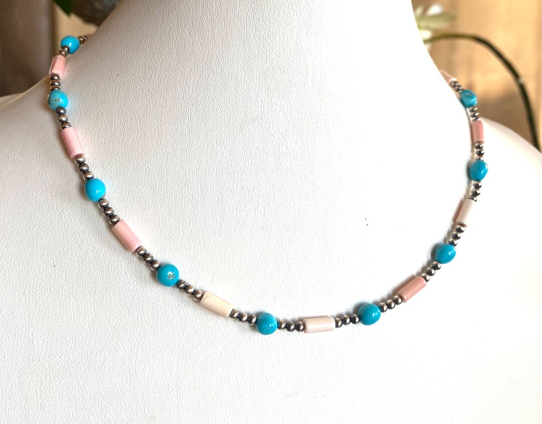 Bamboo Pink Conch Shell, Sleeping Beauty & 3mm Silver Beads Necklace ...